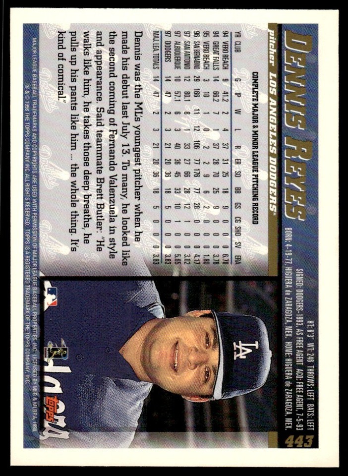 1998 Topps Baseball Card Dennis Reyes Los Angeles Dodgers #443 | eBay