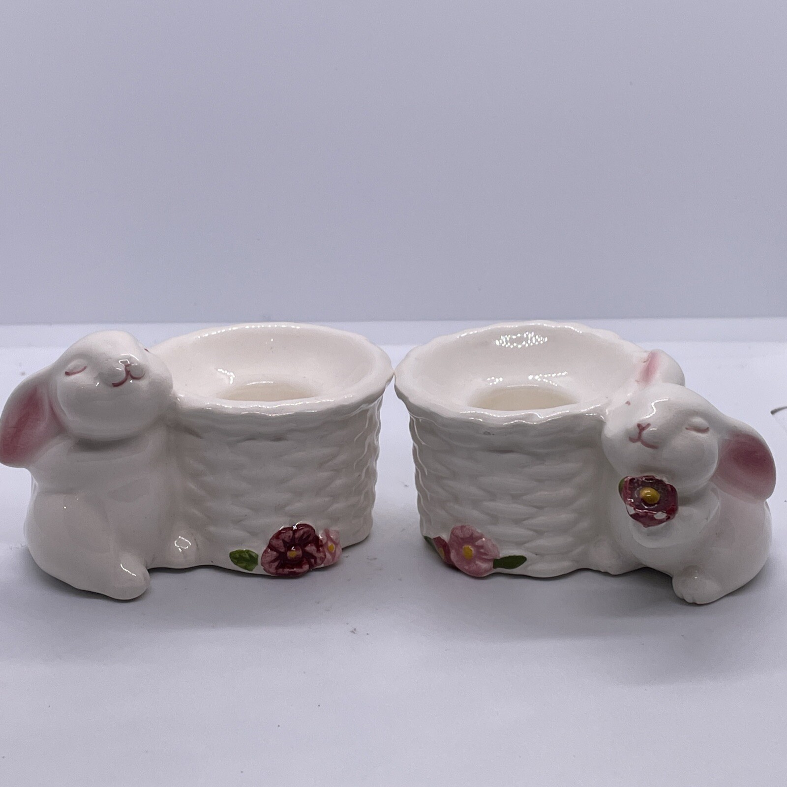 VINTAGE AVON CERAMIC BUNNY RABBIT & BASKET PILLAR CANDLE HOLDERS | eBay