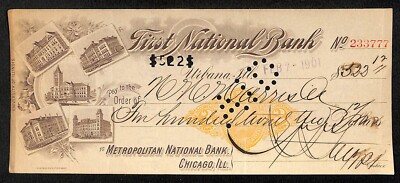 FNB Urbana, IL $522 1901 Bank Check Revenue Stamp w/ University Bldg ...