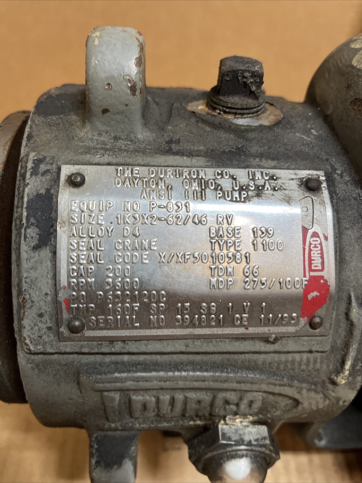 Duriron Durco Pump P-831 Size 1K3x2-62/46 RV Type 1100 Warranty 🇺🇸 | eBay