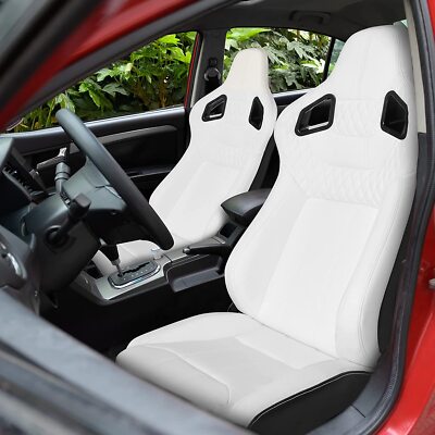 Universal Set of 2 Racing Seats Pair White Leather Reclinable Bucket ...