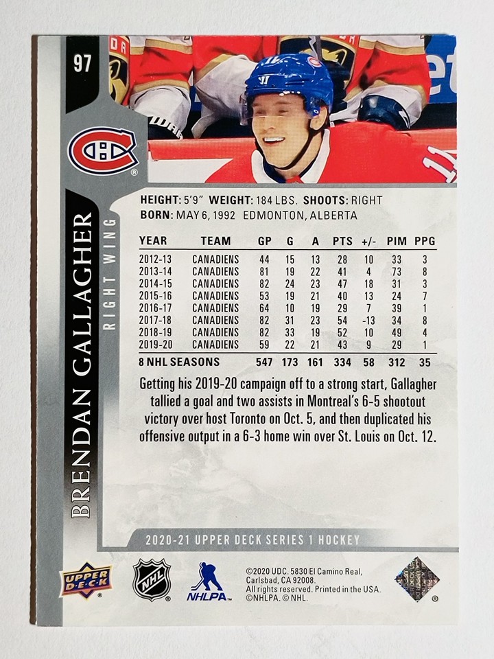 2020-21 Upper Deck #97 Brendan Gallagher | eBay
