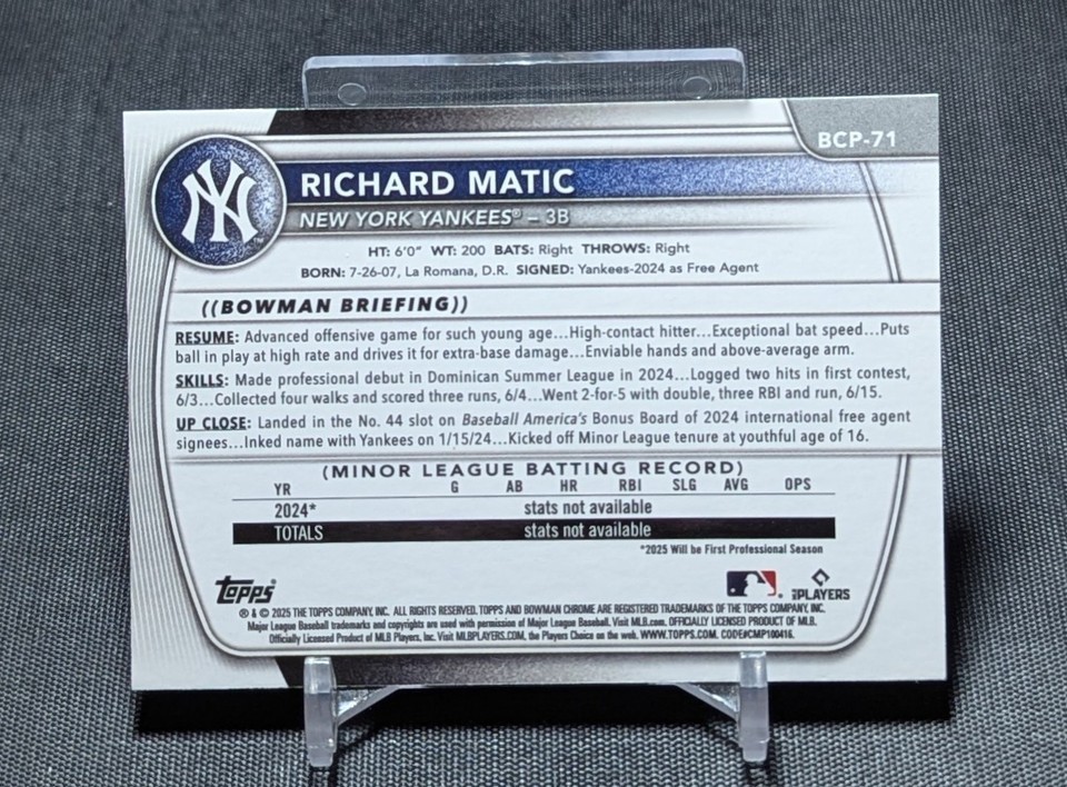 Richard Matic 1st Chrome Prospect Rookie 2025 Bowman Card #BCP-71 ...