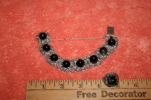 Mark Mexico Silver Flower Pattern Bracelet & Ring 6 with Black Onyx ...