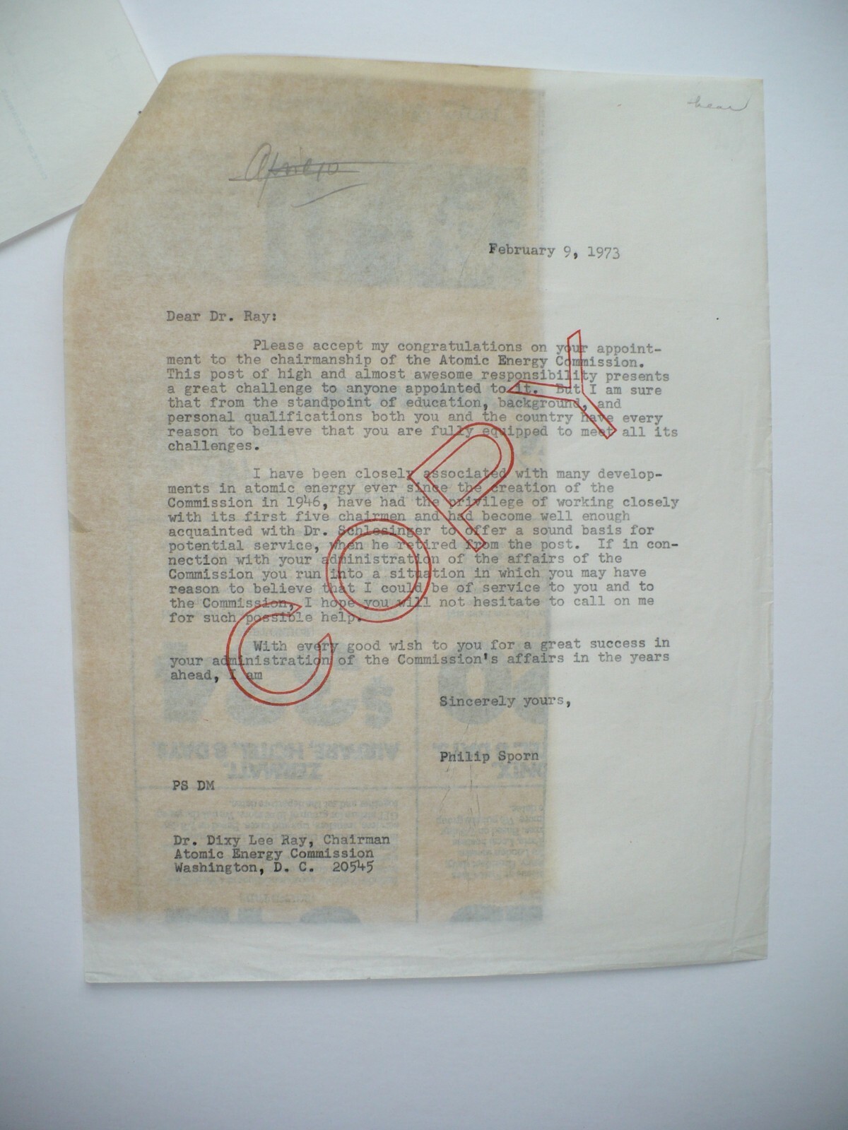 1973 DIXY LEE RAY ATOMIC ENERGY COMMISSION CHAIRWOMAN AUTOGRAPHED ...