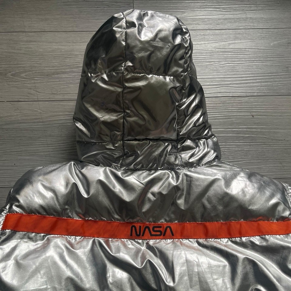 NASA SILVER CHROME SPACE PUFFER METALLIC ASTRONAUT JACKET W/ PATCHES ...