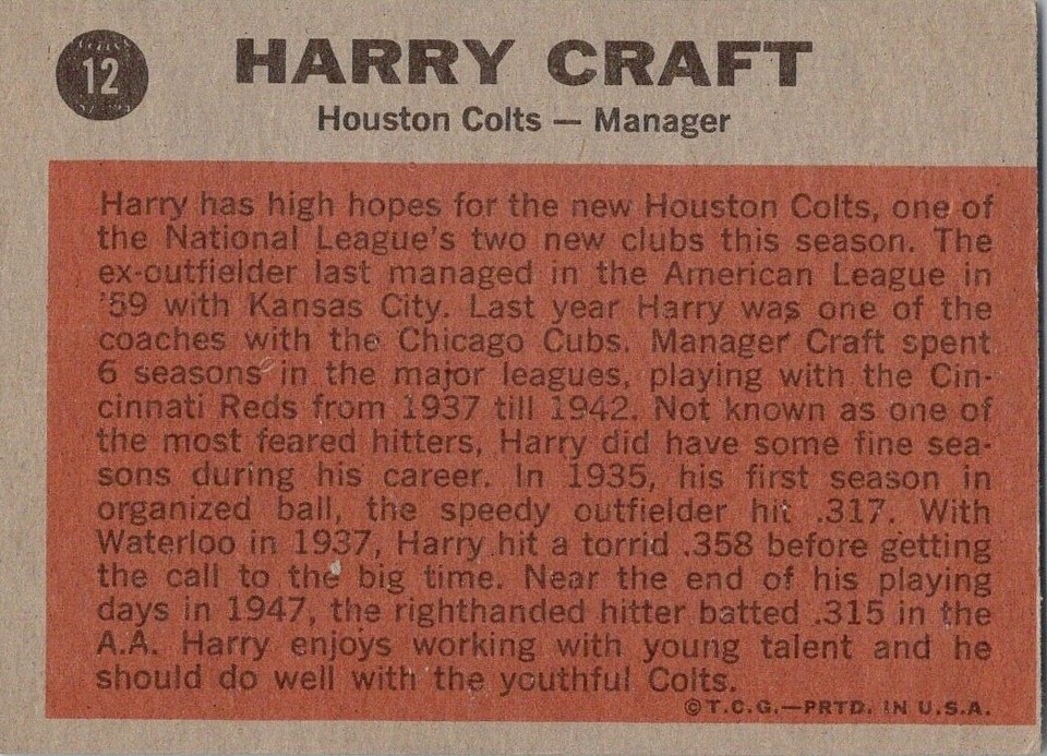 Harry Craft 1962 Topps Baseball #12 VGEX | eBay