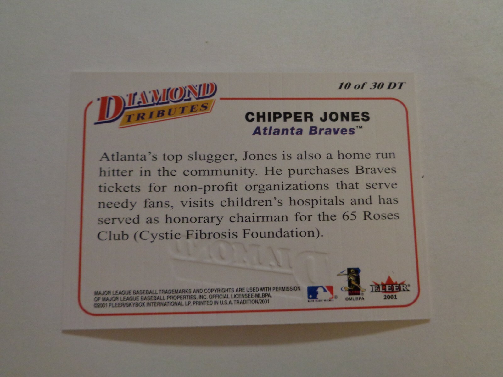 2001 Fleer Tradition Diamond Tributes Chipper Jones Card #10 of 30 DT ...