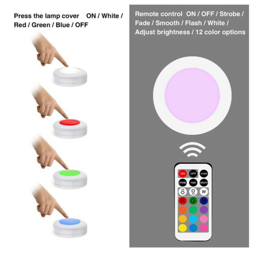 RGB Wireless LED Puck Closet Night Lights 12 Colors Remote Control ...