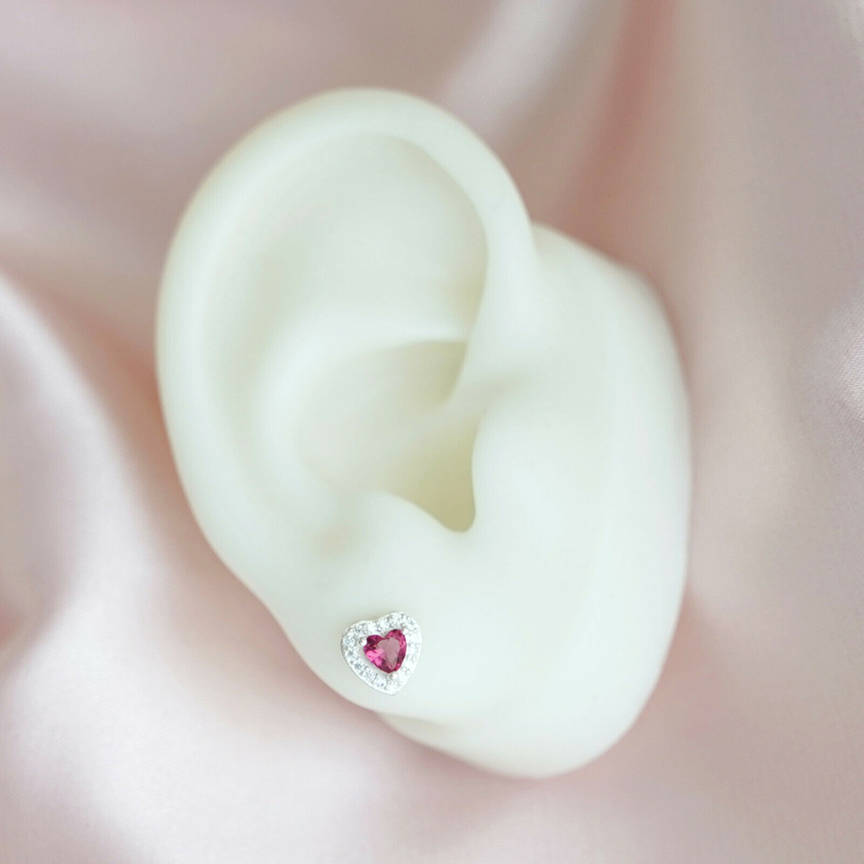 Sterling Silver Rose Red Ruby CZ Love Heart Halo Stud Earrings ...