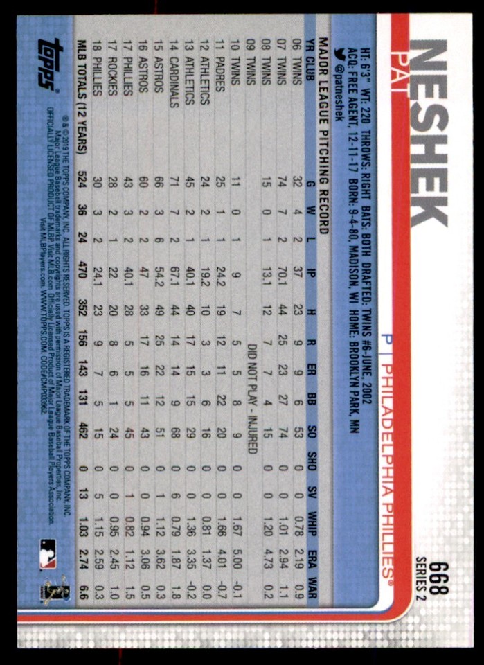 2019 TOPPS PAT NESHEK PHILADELPHIA PHILLIES #668 | eBay