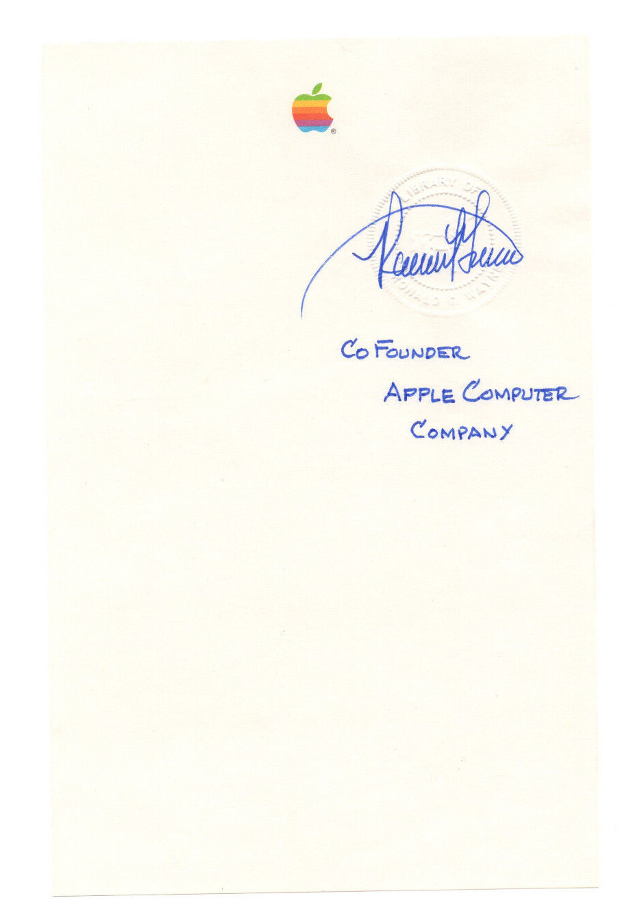 Ronald Wayne Signed Apple Stationery / Co Founder Apple Computer ...