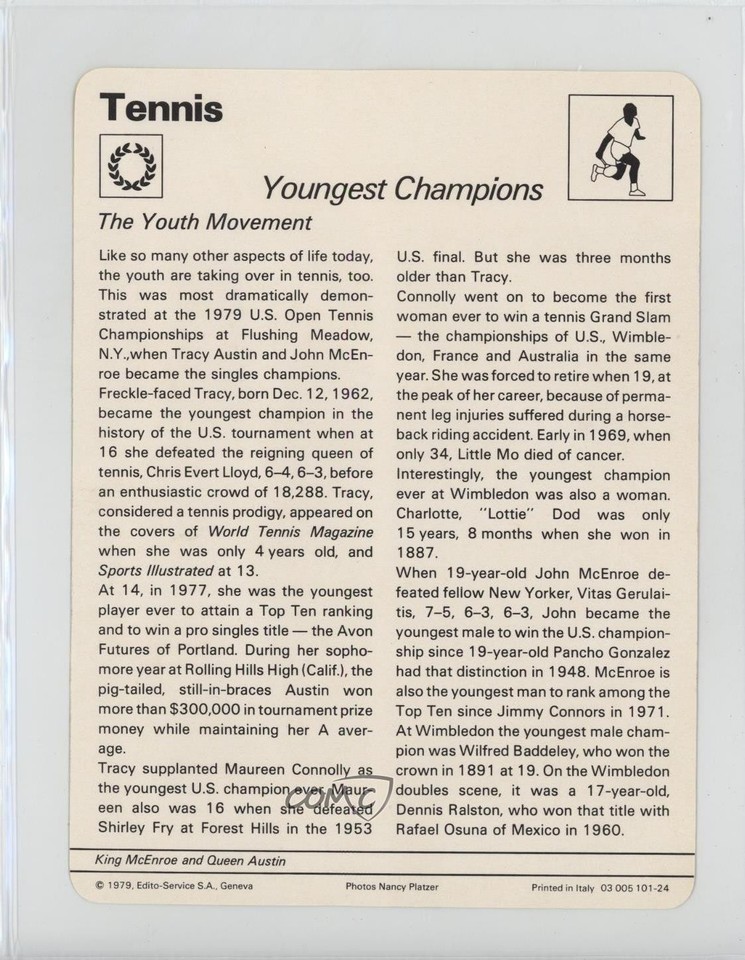 1977-79 Sportscasters Series 101 Tennis Geneva John McEnroe Tracy ...