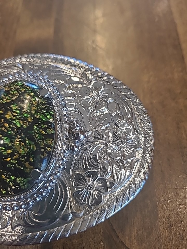 Western Silver Metal Belt Buckle W/ Beautiful Stone Inlay Floral Cowboy ...