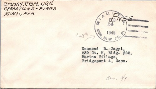 Hdqrs 7th Naval District Sta 1945 - Free Frank Mail - Miami, FL - J6733 ...