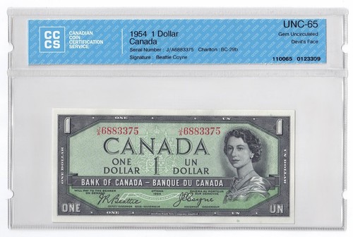 1954 $1 Dollar The Bank of Canada DEVIL'S FACE Banknote CCCS Graded UNC ...
