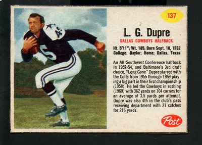 1962 Post Football Card #137 L.G. Dupre-Dallas Cowboys Ex Card | eBay