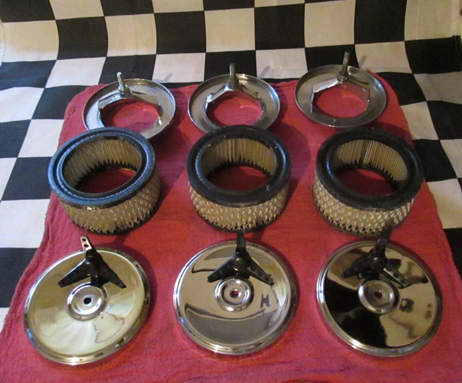 3 NICE 4" DIAMETER VINTAGE AIR CLEANERS 2 5/8" NECK RAT ROD/HOT ROD ...