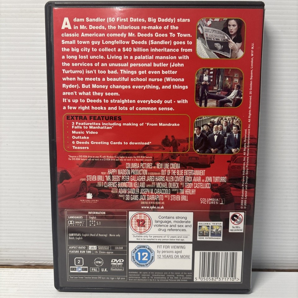 Mr Deeds DVD Feat. Adam Sandler Winona Ryder R2 PAL Free Postage | eBay