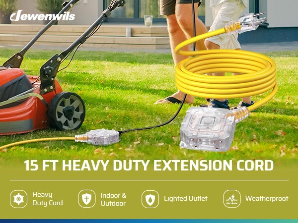 DEWENWIL 15FT Heavy Duty Extension Cord, Dust-Proof &Waterproof Switch ...