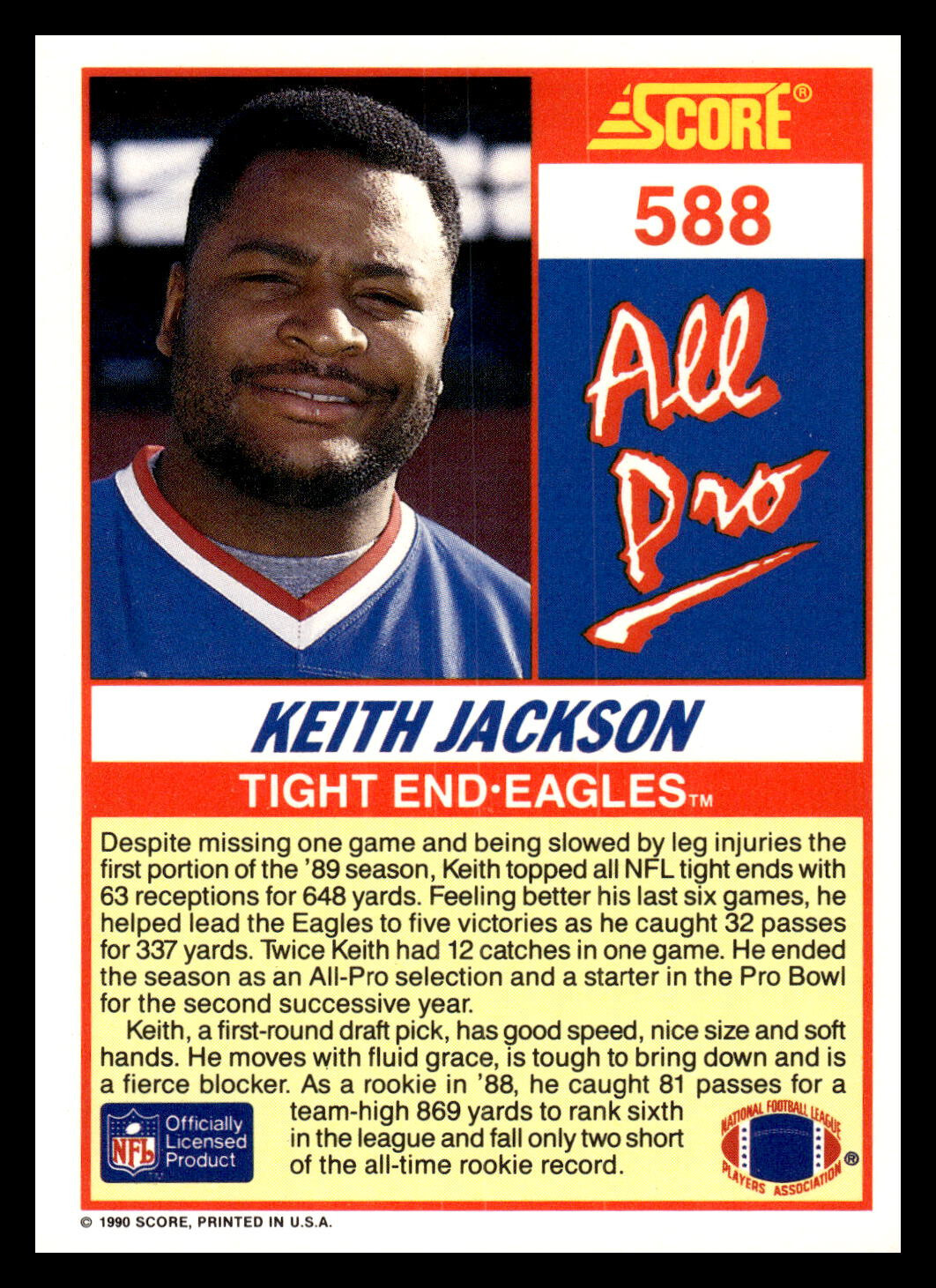 1990 Score #588 Keith Jackson Philadelphia Eagles AP Football Card EX ...