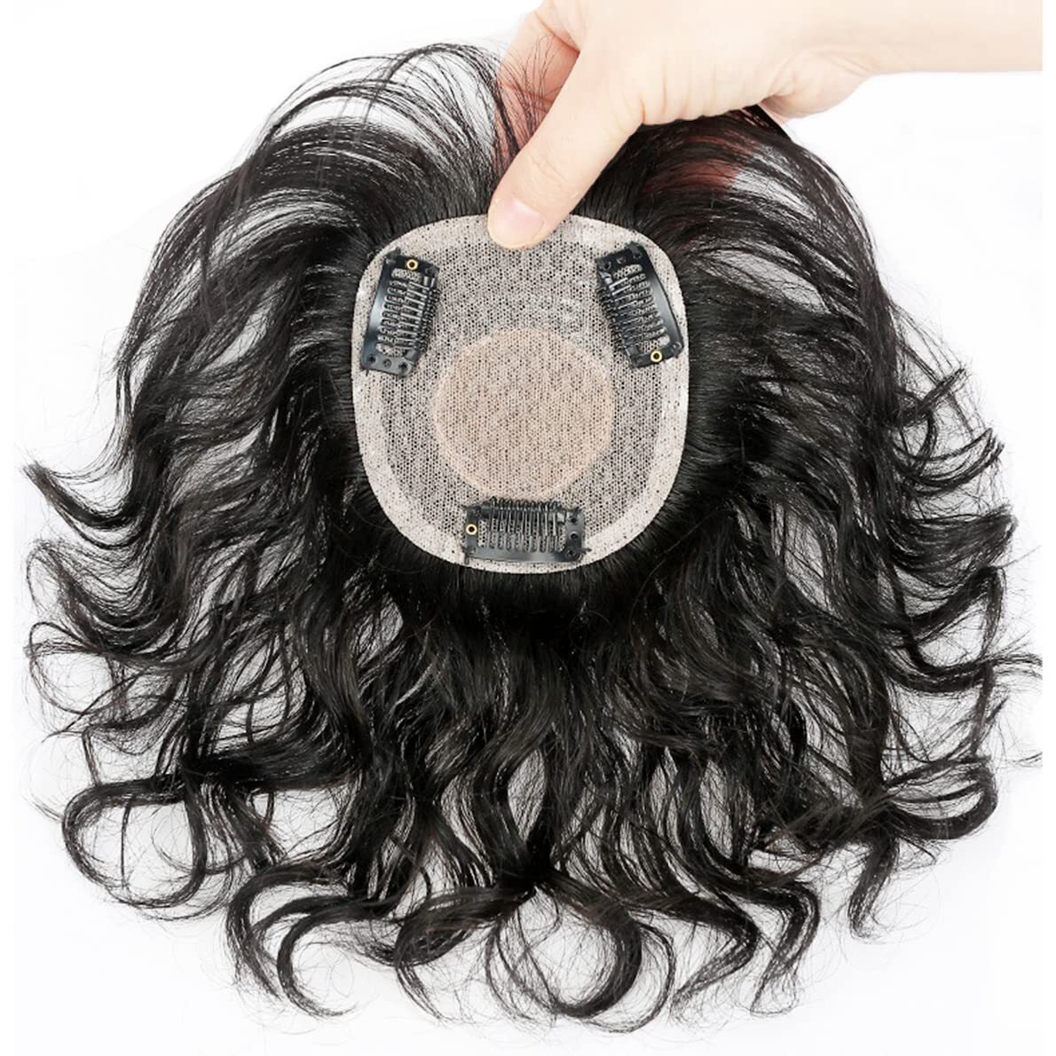 Short Wavy Curly Real Human Hair Silk Base Topper Bangs Large Base Top ...
