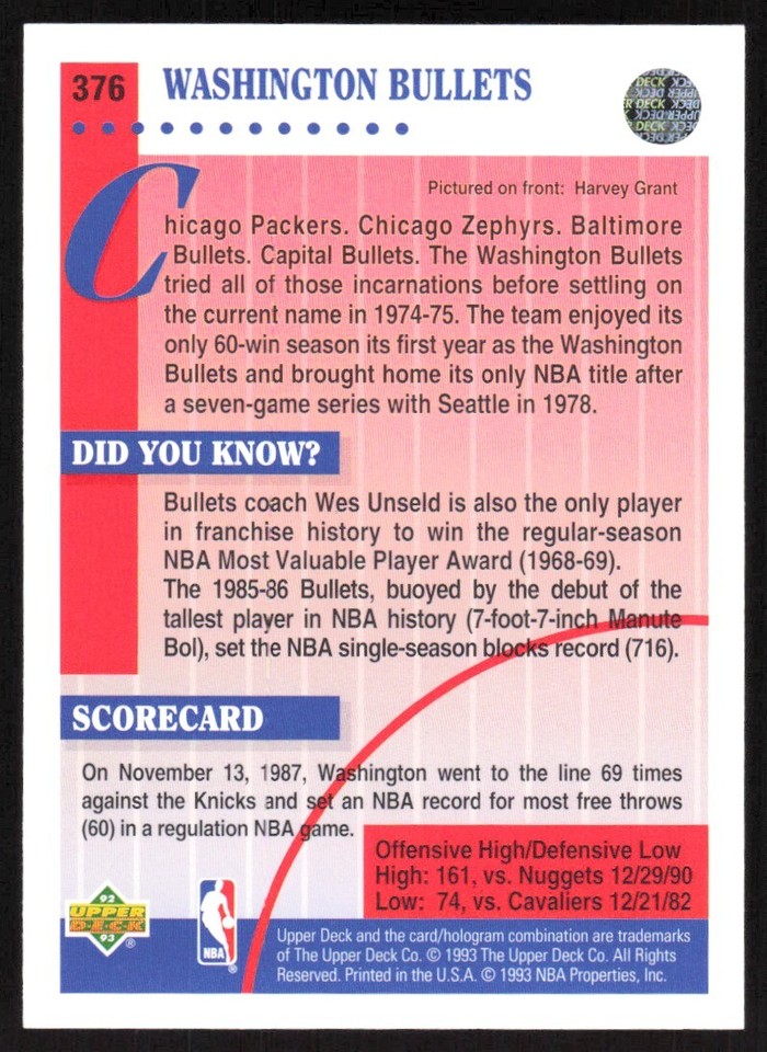 1992-93 WASHINGTON BULLETS UPPER DECK #376 WASHINGTON BULLETS | eBay