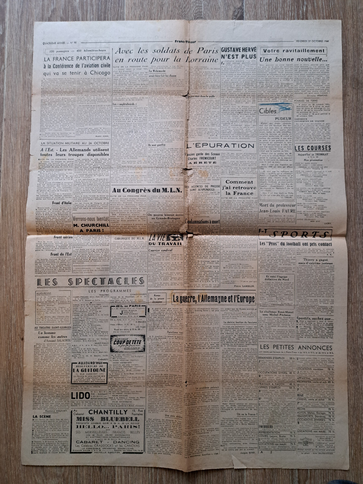 RARE JOURNAL FRANC-TIREUR no 98 du 27 OCT 1944 ww2 original d'époque 2 ...