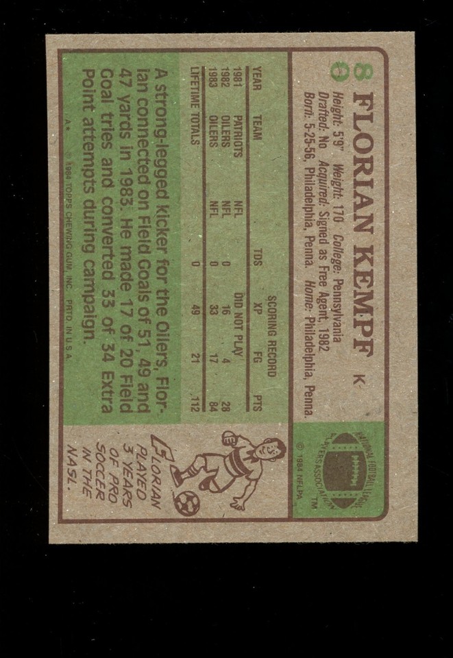 1984 Topps #80 Florian Kempf Houston Oilers | eBay