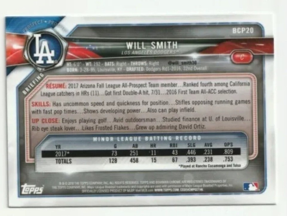 Will Smith 2018 Bowman Chrome Prospects #BCP20 Los Angeles Dodgers ...