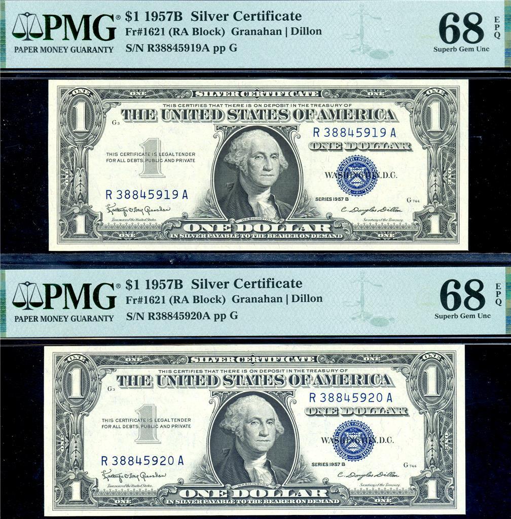 HGR FRIDAY 1957B $1 Silver Cert (2 Consec#)(Mega Grade) PMG SUPERB GEM ...