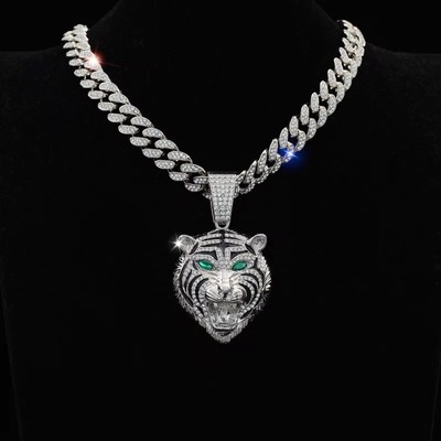 Iced Out Punk Tiger Pendant with Cuban Chain – Silver Plated | eBay