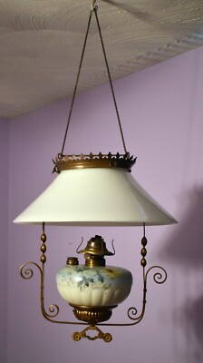 ANTIQUE HANGING LIBRARY PARLOR OIL LAMP SLANT SHADE | eBay