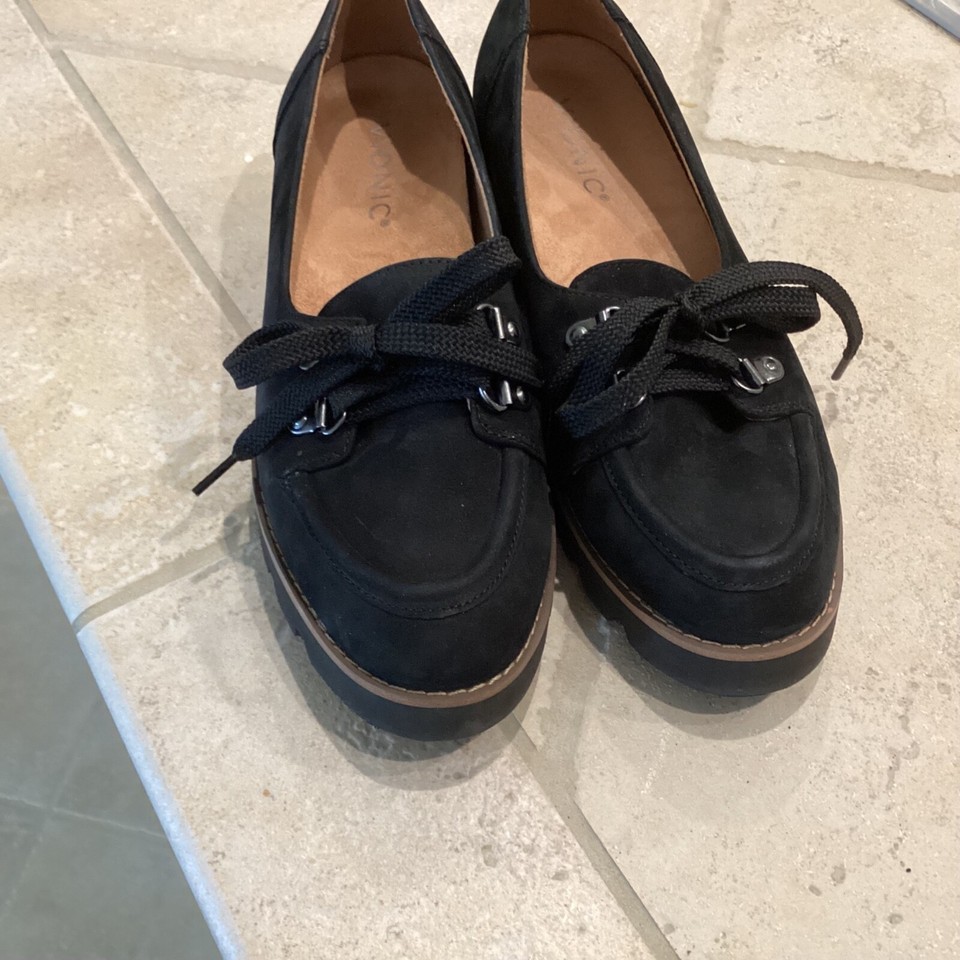 Vionic Teagan Black Suede Womens Shoes 6 Lace up Loafer Chunky Lug Sole ...
