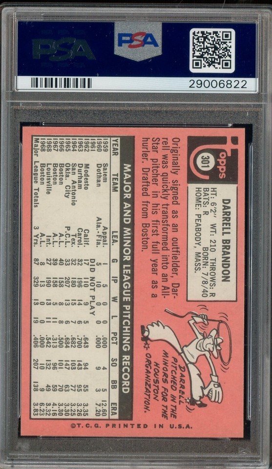 1969 Topps Baseball SETBREAK #301 Darrell Brandon Seattle Pilots PSA 9 ...