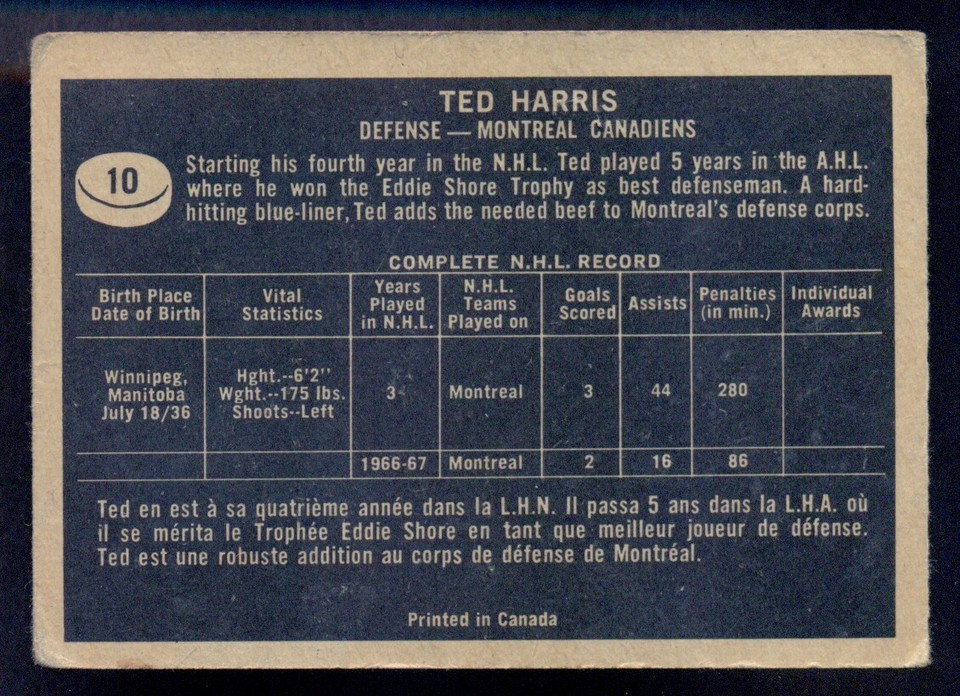 1967-68 TOPPS HOCKEY NHL #10 Ted Harris VG-EX MONTREAL CANADIENS Card ...