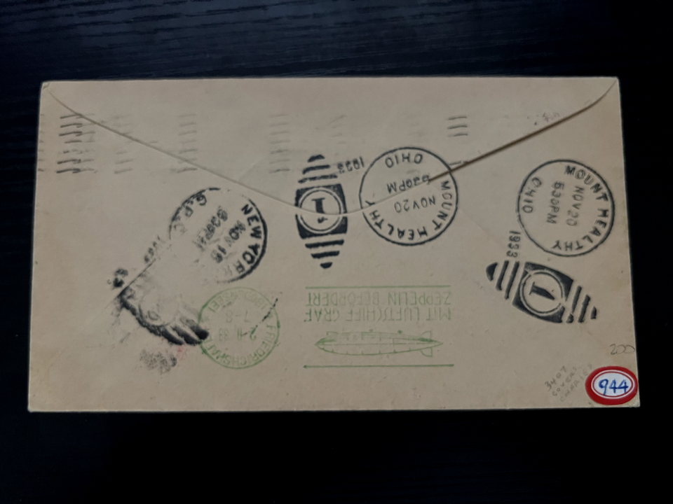 1933 USA LZ 127 Graf Zeppelin Airmail Cover to Mt Healthy OH Block of # ...