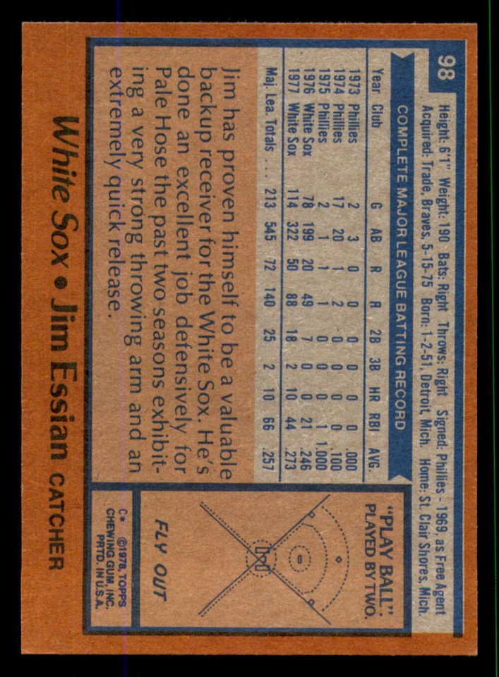 1978 Topps #98 Jim Essian Near Mint+ White Sox ID:372321 | eBay