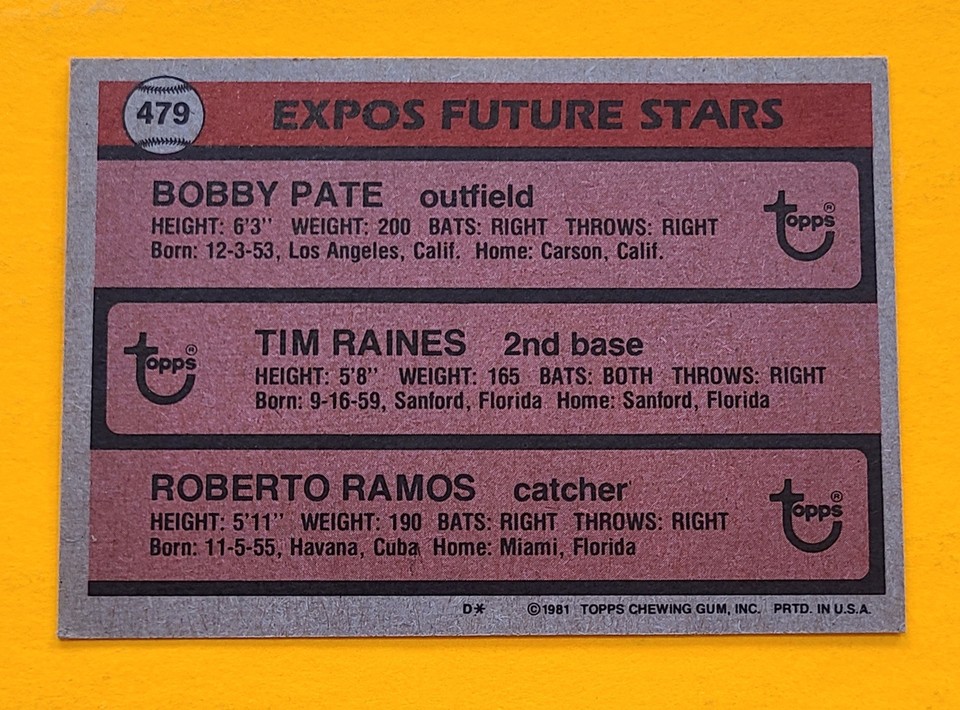 1981 Topps #479 Expos Future Stars Tim Raines / Roberto Ramos / Bobby ...