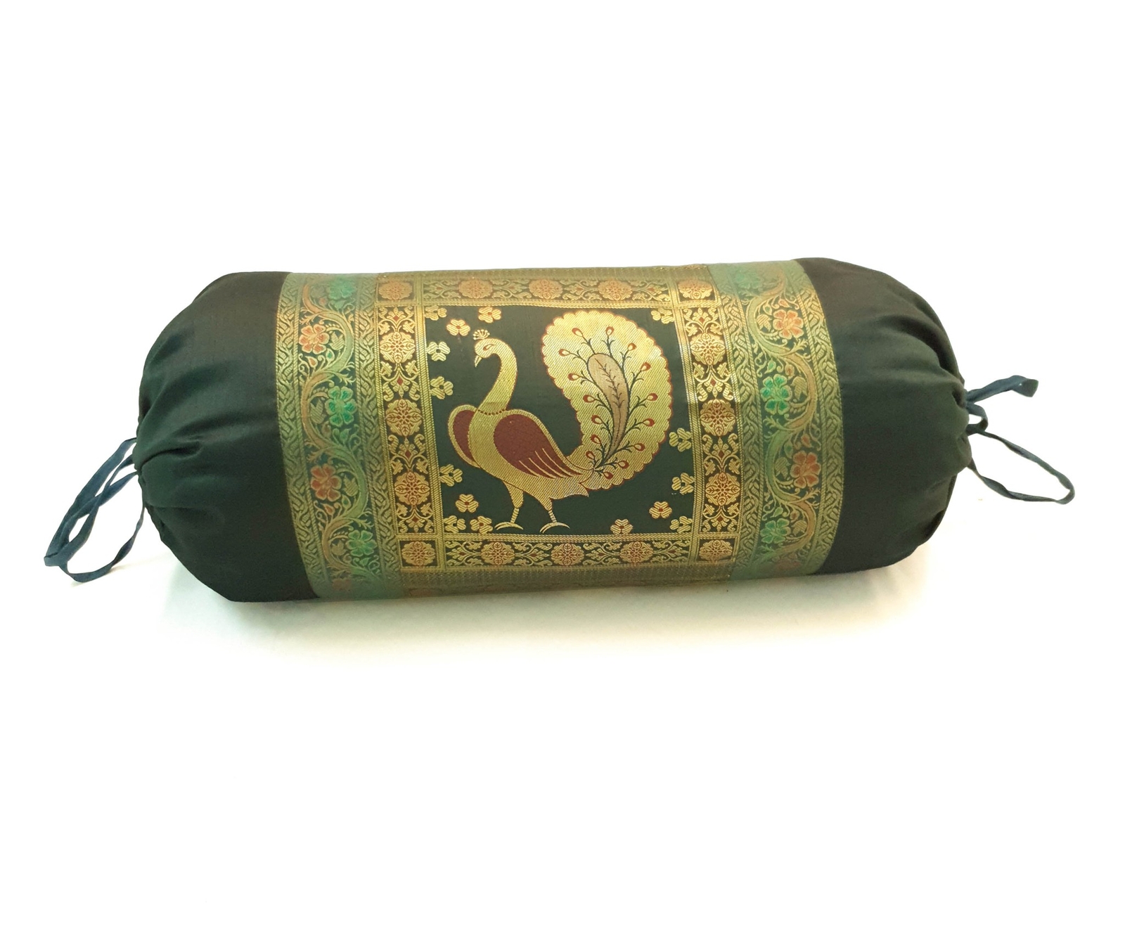 30x15 Inch Bolster Cover Bottle Green Peacock Woven Zari Brocade ...