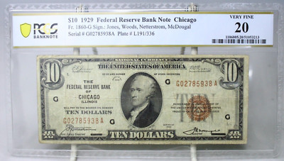 1929 $10 Federal Reserve Bank of Chicago National Currency PCGS VF20 ...