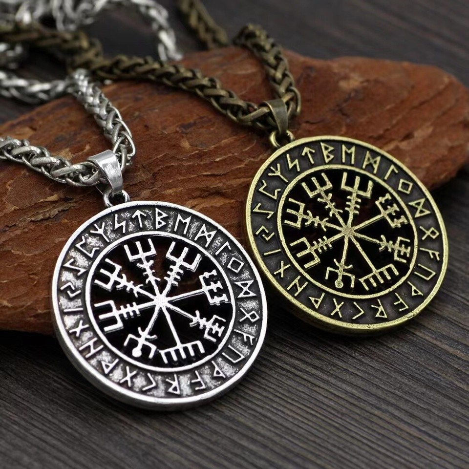 Mens Norse Viking Rune Vegvisir Compass Pendant Necklace Braided Chain 24 Ebay
