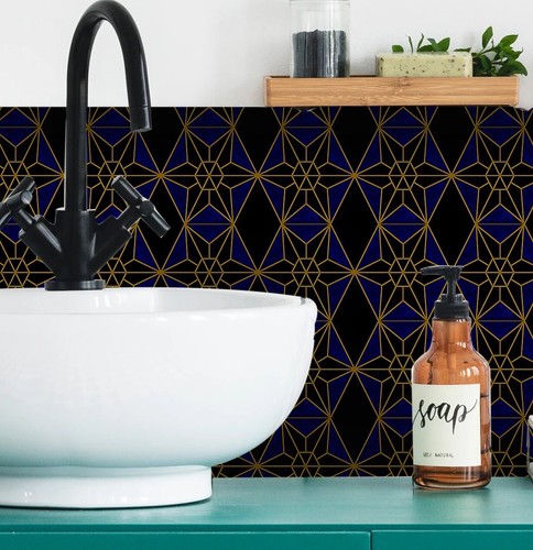 25pcs blue gold mosaic TILE STICKERS TRANSFERS bathroom kitchen peel ...