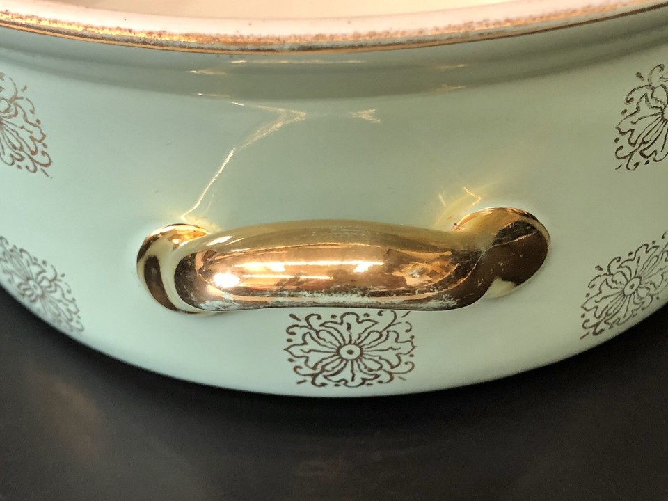 Vtg MCM Hall's Monterey Green & Gold 8.25" Round Baking Casserole Dish ...