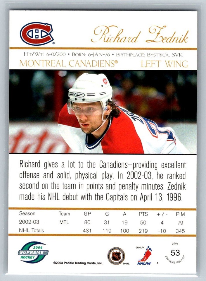 2003 Pacific Supreme #53 Richard Zednik Montreal Canadiens | eBay
