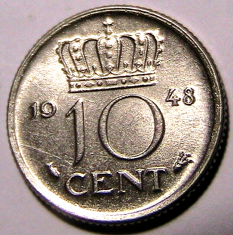 1948 Netherlands 10 Cents CH BU+ Original Tone Dutch Wilhelmina ...