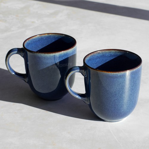 Set of 2 Dark Blue Reactive Glaze Coffee Mugs Stoneware 380ml Tea Hot ...
