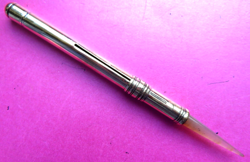 ANTIQUE BRASS 19TH CENTURY RETRACTING SLIDE ACTION AGATE TIP DIP PEN ...