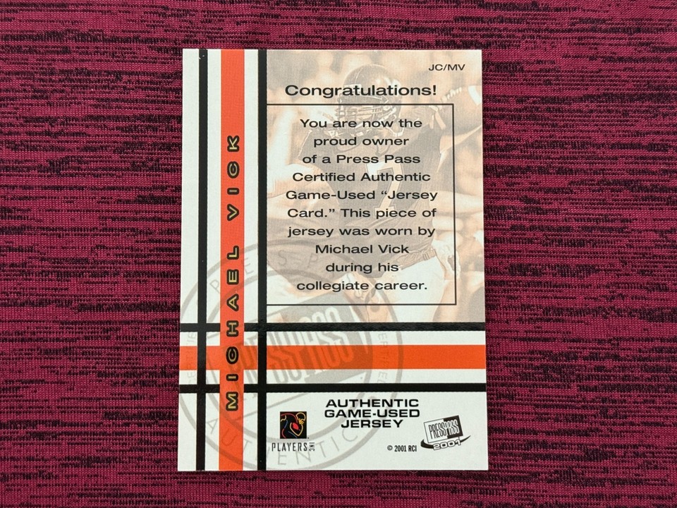 2001 Press Pass Michael Vick JC/MV Rookie Authentic Game Used Jersey ...