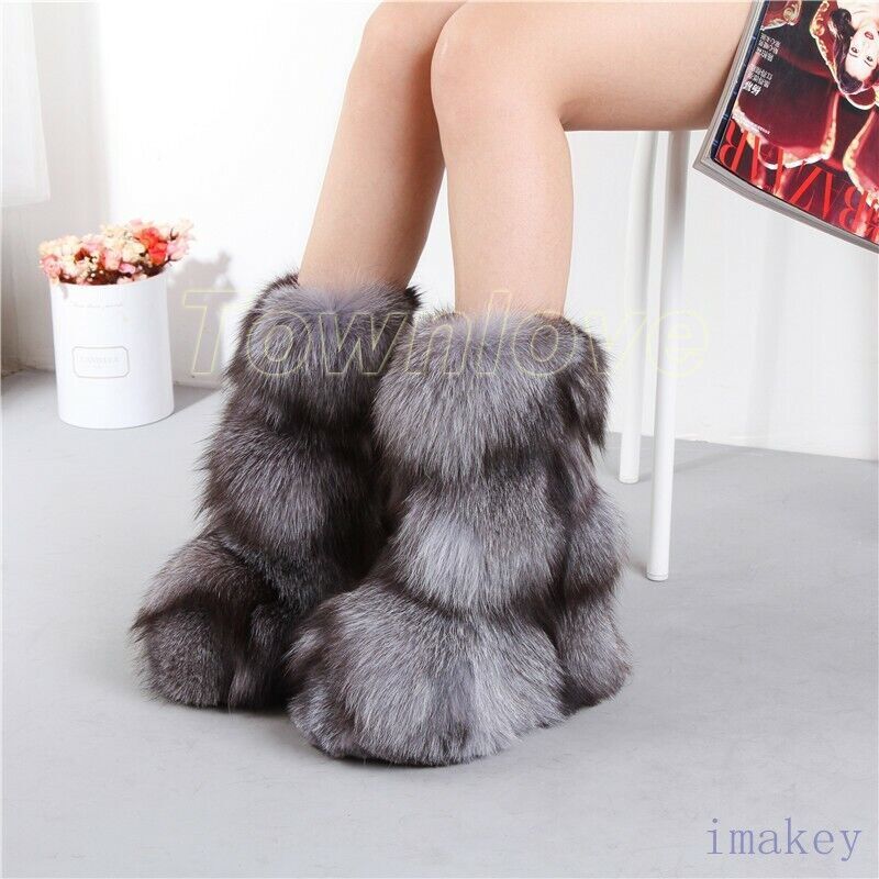 Women 100% Natural Real Fox Fur Boots Long Boot Fur Boots Pull on Shoes ...
